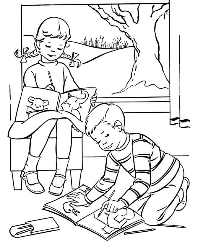 Niños Estudiando para colorear, imprimir e dibujar –ColoringOnly.Com