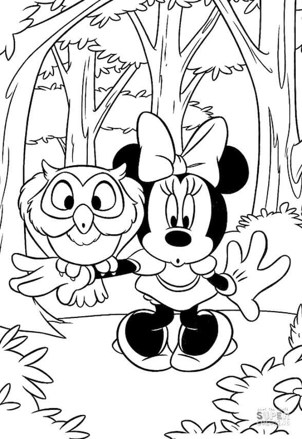 Minnie Mouse con Búho para colorear, imprimir e dibujar –ColoringOnly.Com