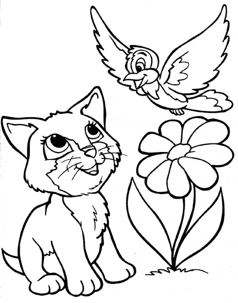 Lindo Gato y Pájaro para colorear, imprimir e dibujar –ColoringOnly.Com