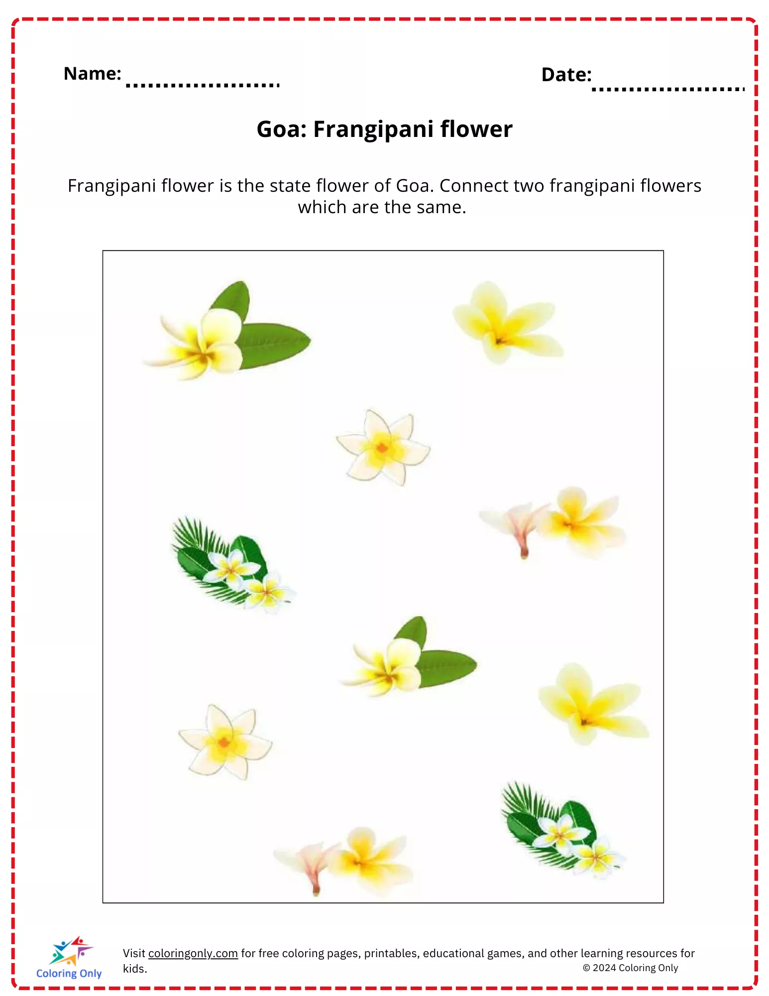 Goa: Frangipani flower free Printable Worksheet