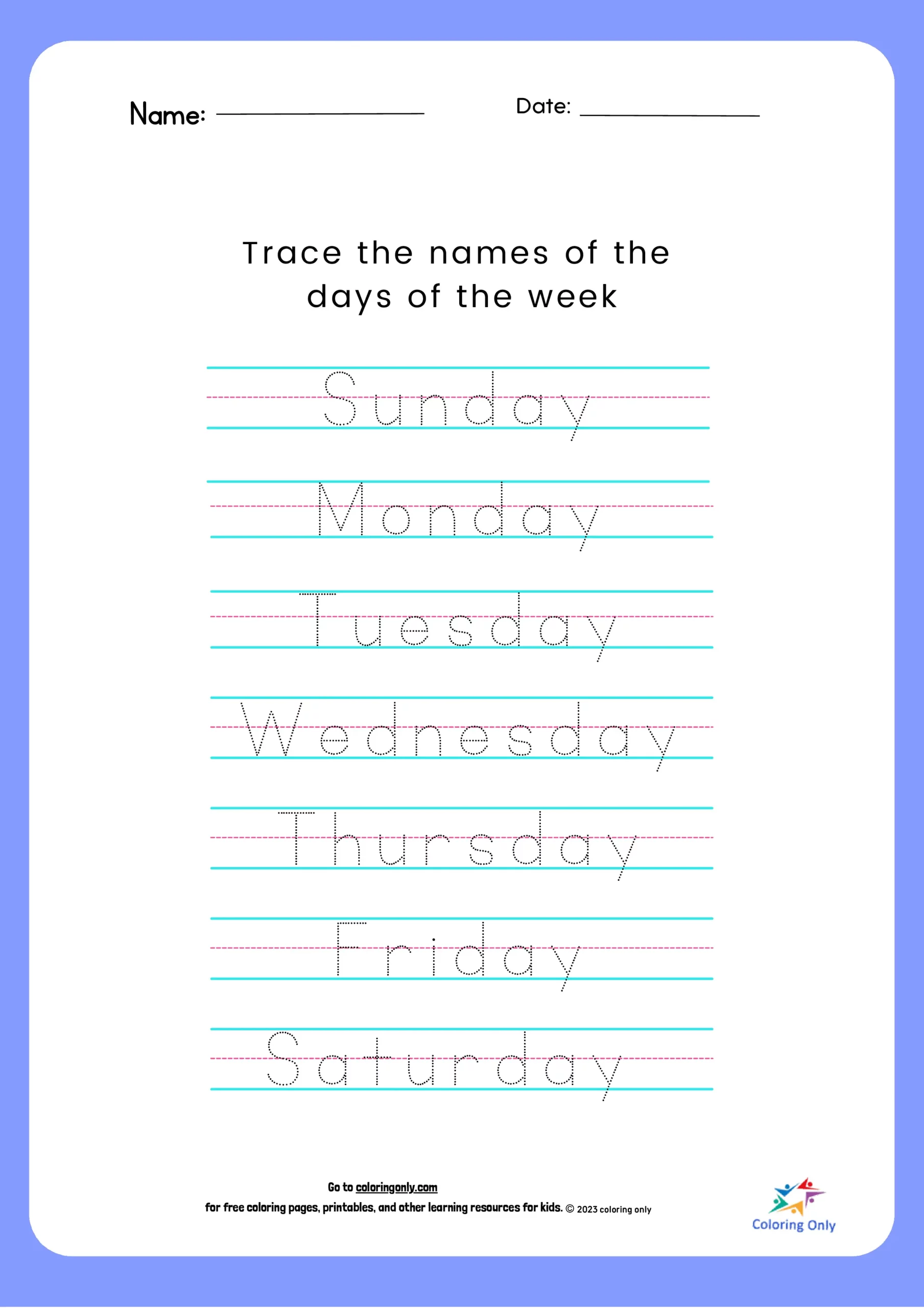 Trace The Names Of The Days Of The Week Trace The Names Of The Days Of The Week