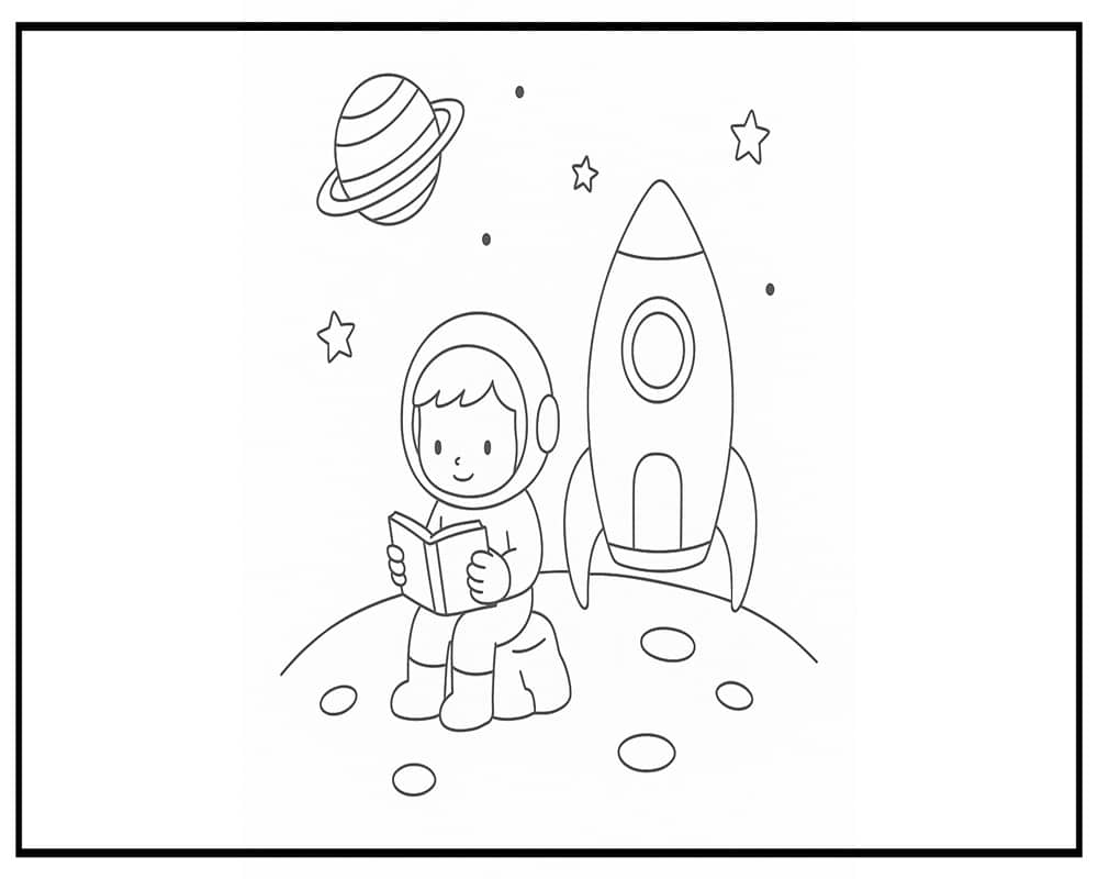 Kids Outer Space Reading Book Coloring Page