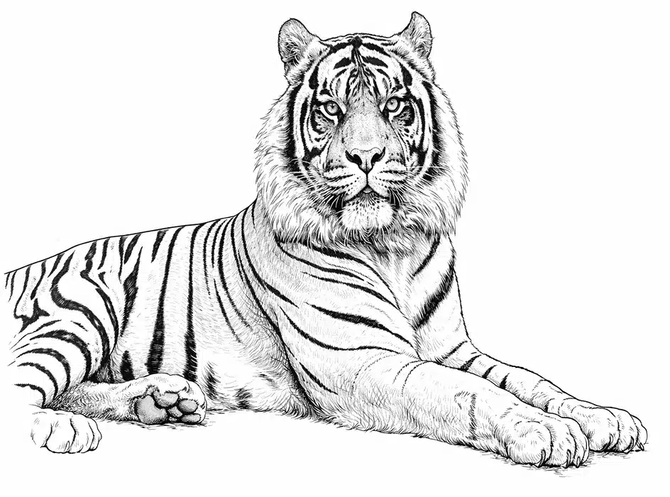 Realistic Tiger in Grassland Coloring Page
