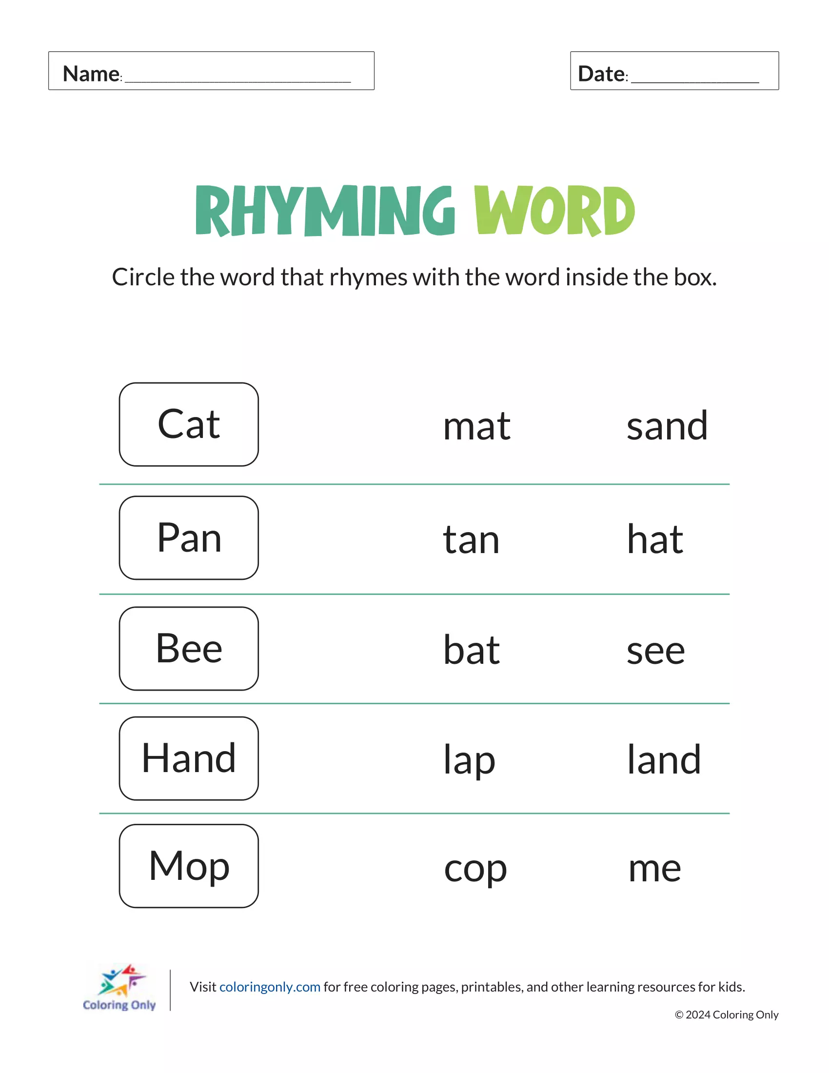 Rhyming Words Worksheet Printable Rhyming Words Worksheet Printable